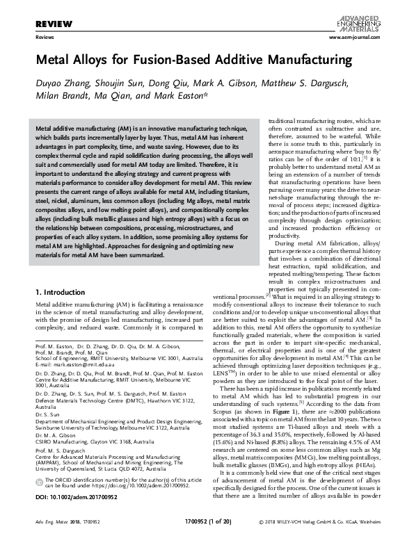 (PDF) Metal Alloys for Fusion‐Based Additive Manufacturing