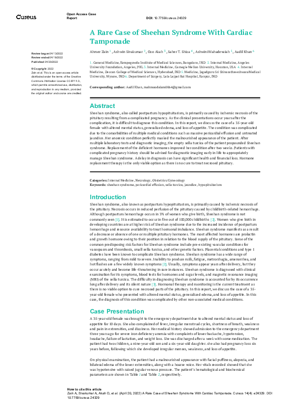 (PDF) A Rare Case of Sheehan Syndrome With Cardiac Tamponade