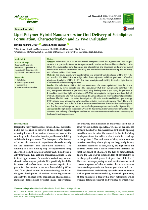 (PDF) Lipid-Polymer Hybrid Nanocarriers for Oral Delivery of Felodipine ...