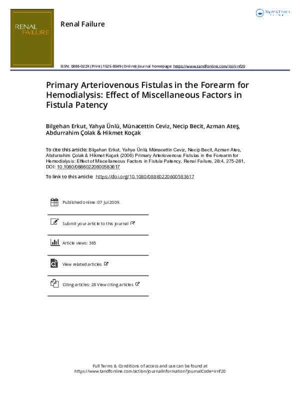 (PDF) Primary Arteriovenous Fistulas in the Forearm for Hemodialysis ...