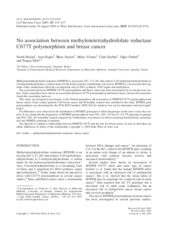 (PDF) MTHFR C677T Polymorphism and Breast Cancer Risk