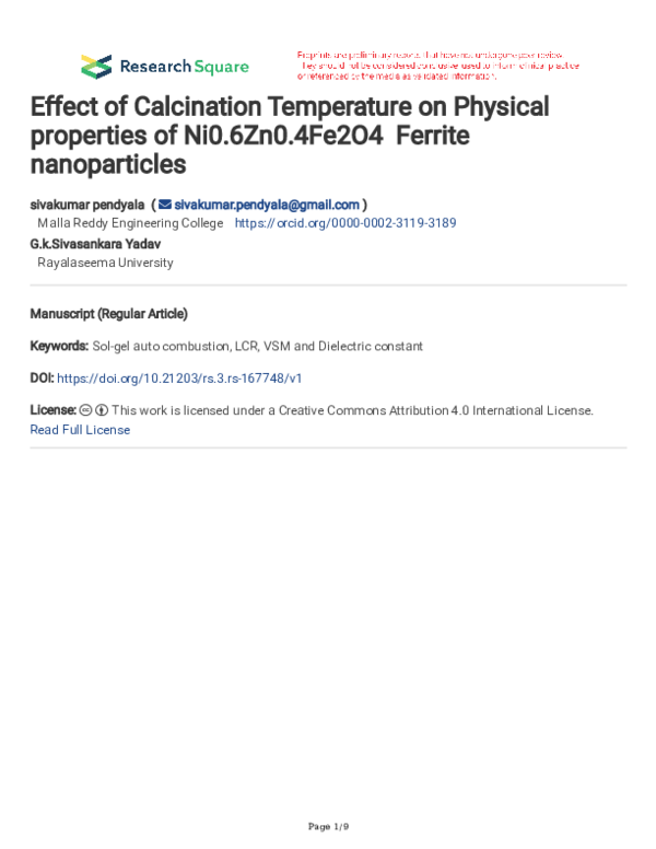 (PDF) Effect of Calcination Temperature on Physical properties of Ni0.6Zn0.4Fe2O4 Ferrite ...