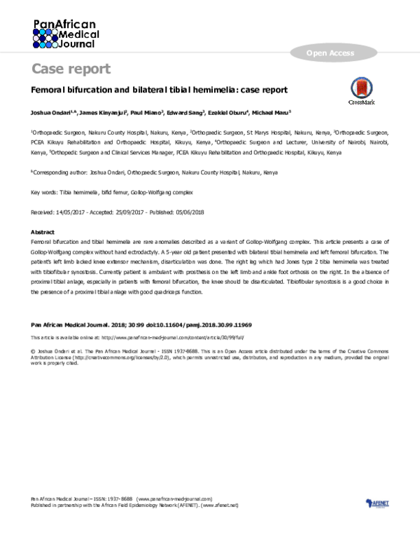 (PDF) Femoral bifurcation and bilateral tibial hemimelia: case report