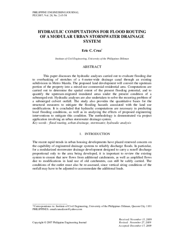 (PDF) Hydraulic Computations for Flood Routing of a Modular Urban ...