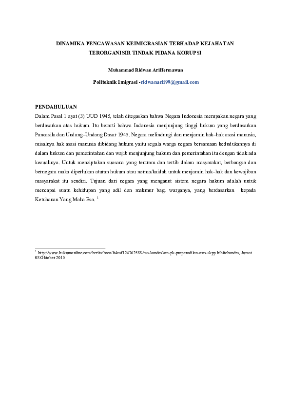(DOC) DINAMIKA PENGAWASAN KEIMIGRASIAN TERHADAP KEJAHATAN TERORGANISIR TINDAK PIDANA KORUPSI