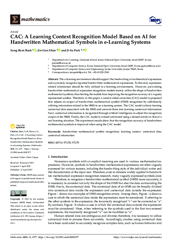 (PDF) CAC: A Learning Context Recognition Model Based on AI for Handwritten Mathematical Symbols ...