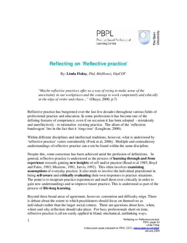 (PDF) Reflecting on 'Reflective practice