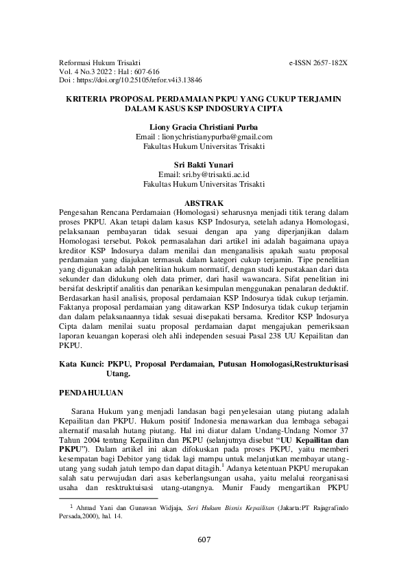 (PDF) Kriteria Proposal Perdamaian Pkpu Yang Cukup Terjamin Dalam Kasus ...