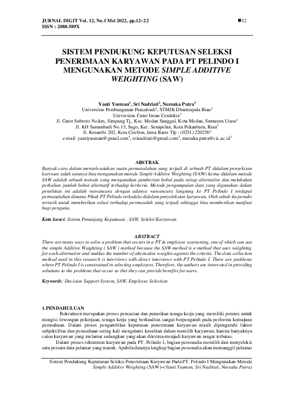 (PDF) Sistem Pendukung Keputusan Seleksi Penerimaan Karyawan Pada PT Pelindo I Mengunakan Metode ...