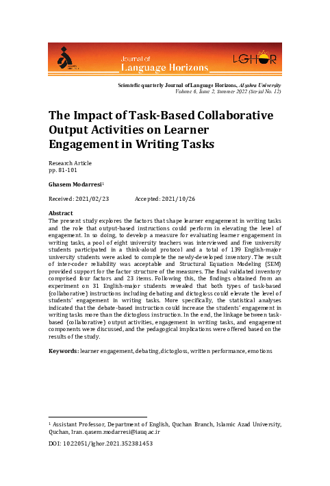 (PDF) The Impact of Task-Based Collaborative Output Activities on Learner Engagement in Writing ...