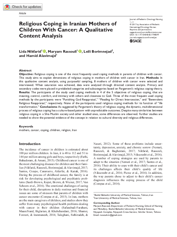 (PDF) Religious Coping in Iranian Mothers of Children With Cancer: A ...