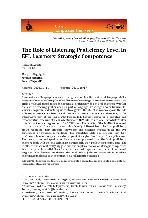 (PDF) The Role of Listening Proficiency Level in EFL Learners' Strategic Competence
