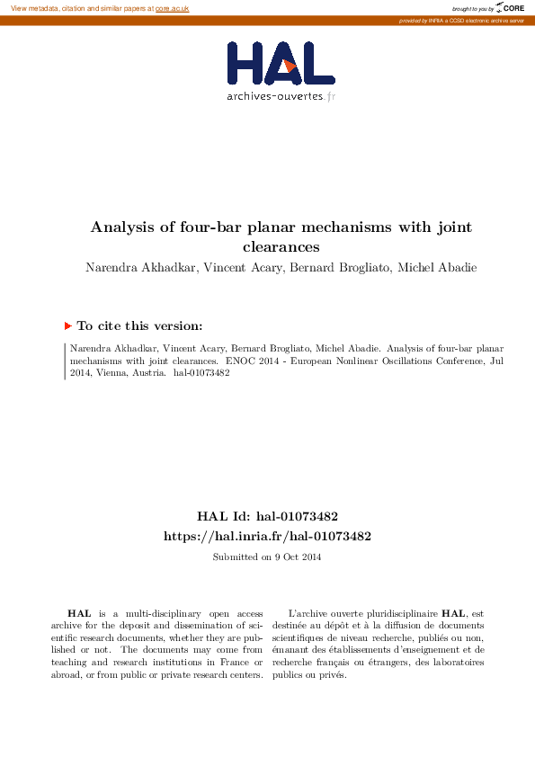 (PDF) Analysis of four-bar planar mechanisms with joint clearances