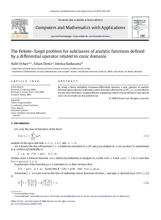Pdf The Feketeszegö Problem For Subclasses Of Analytic Functions Defined By A Differential