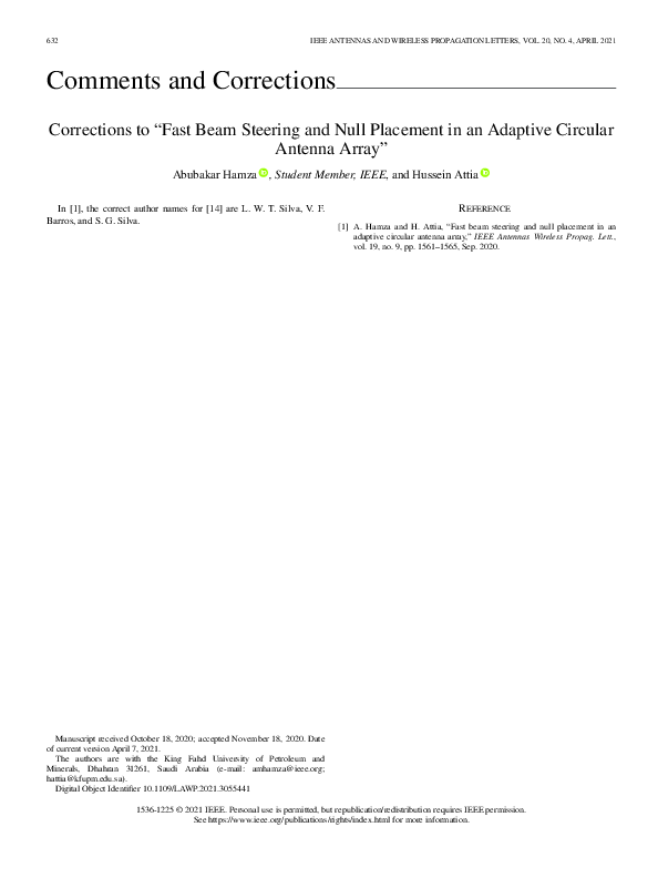 (PDF) Corrections to “Fast Beam Steering and Null Placement in an Adaptive Circular Antenna Array”