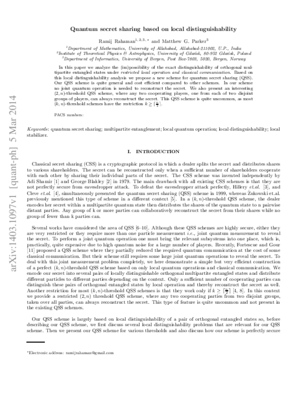 (PDF) Quantum scheme for secret sharing based on local distinguishability