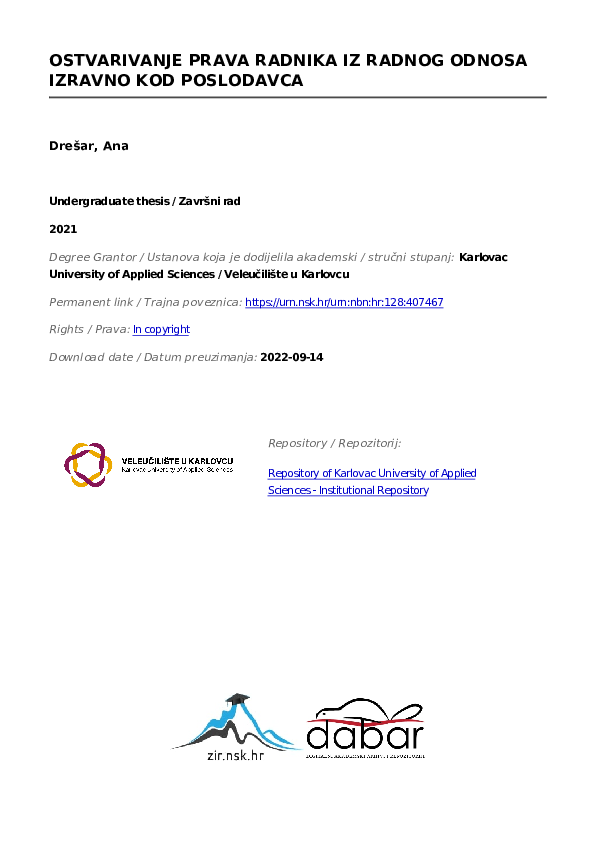 (PDF) Ostvarivanje Prava Radnika Iz Radnog Odnosa Izravno Kod Poslodavca | Ana Drešar - Academia.edu