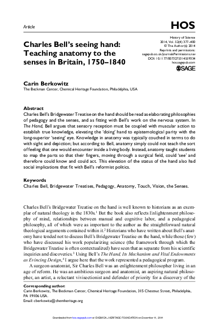 (PDF) Charles Bell’s seeing hand: Teaching anatomy to the senses in ...