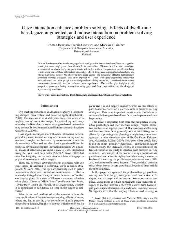 Pdf Gaze Interaction Enhances Problem Solving Effects Of Dwell Time Based Gaze Augmented