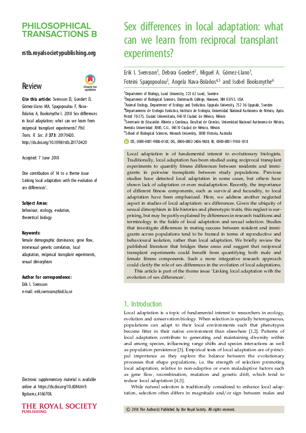 Sex Differences In Local Adaptation What Can We Learn From Reciprocal Transplant Experiments