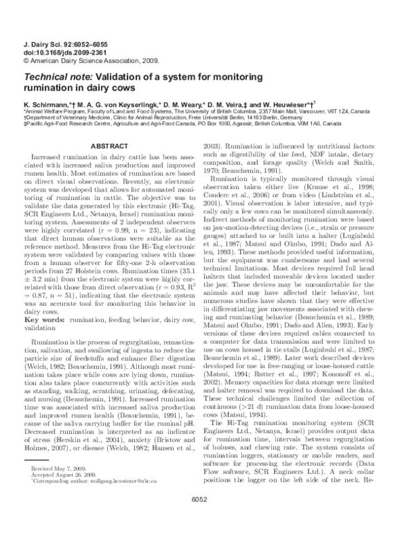 (PDF) Technical note: Validation of a system for monitoring rumination in dairy cows