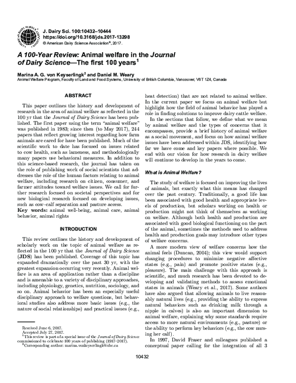 (PDF) A 100-Year Review: Animal welfare in the Journal of Dairy Science ...