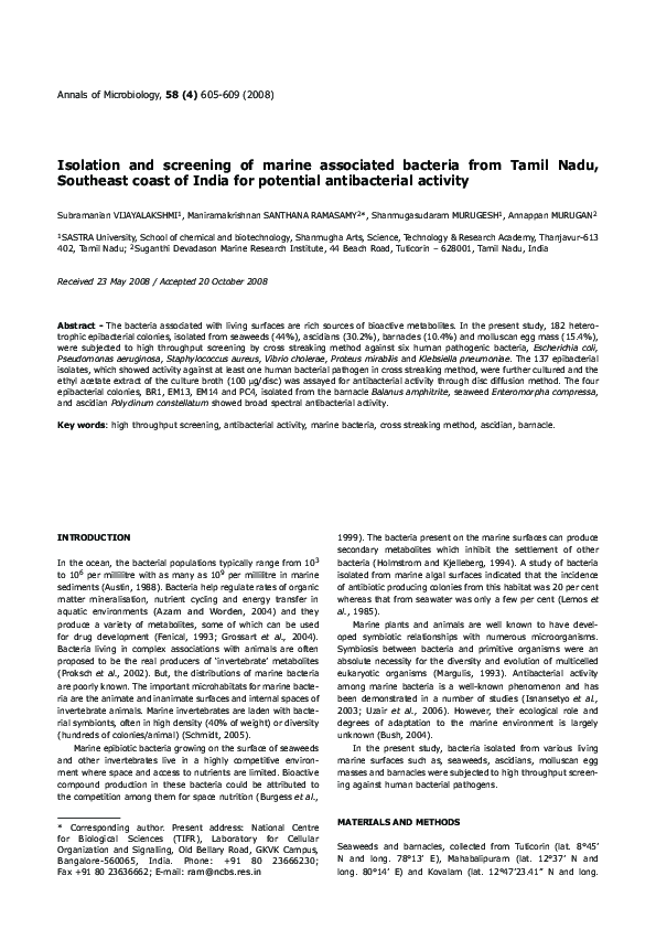 (PDF) Isolation and screening of marine associated bacteria from Tamil ...