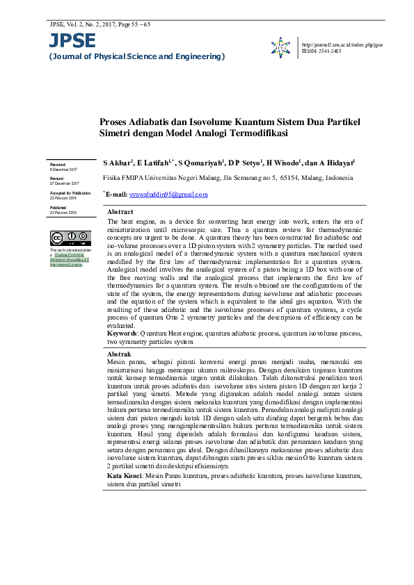 (PDF) Proses Adiabatis dan Isovolume Kuantum Sistem Dua Partikel Simetri