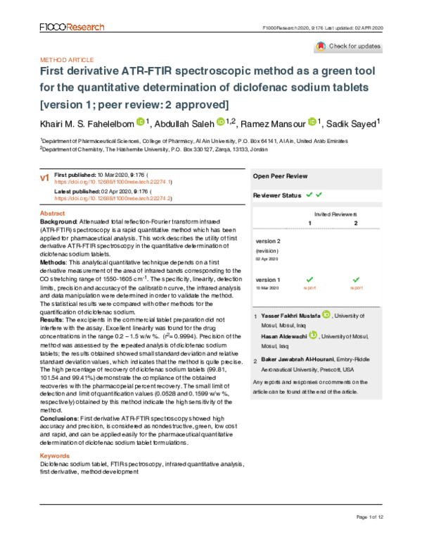 Pdf First Derivative Atr Ftir Spectroscopic Method As A Green Tool For The Quantitative