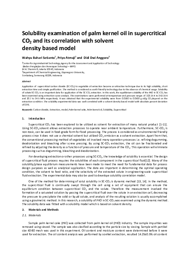 (PDF) Solubility examination of palm kernel oil in supercritical CO2 ...