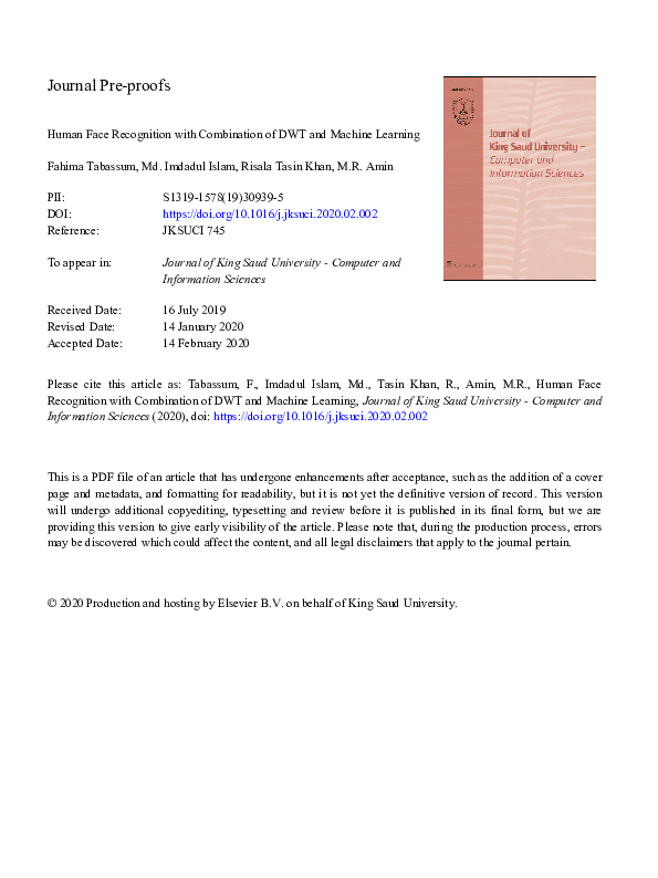 (PDF) Human face recognition with combination of DWT and machine learning