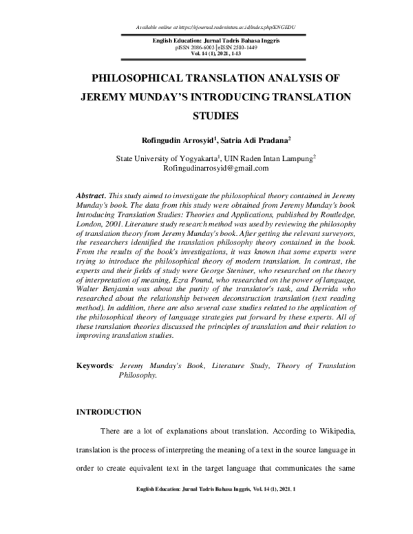 (PDF) Philosophical Translation Analysis of Jeremy Munday’s Introducing ...