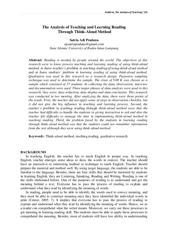 (PDF) The Analysis of Teaching and Learning Reading Through Think-Aloud Method