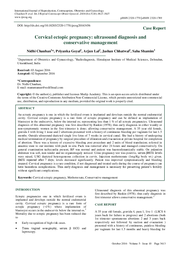 Pdf Cervical Ectopic Pregnancy Ultrasound Diagnosis And Conservative