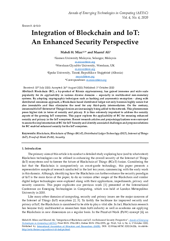 (PDF) Integration of Blockchain and IoT: An Enhanced Security Perspective