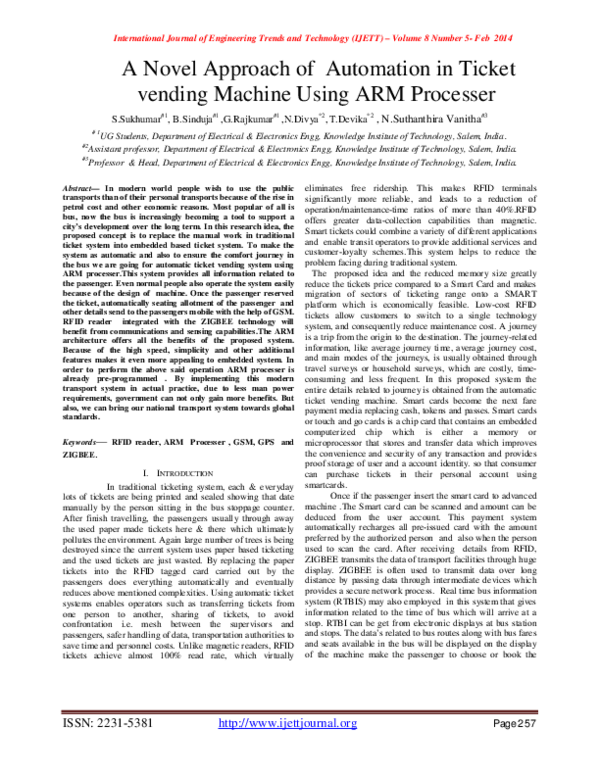 (PDF) A Novel Approach of Automation in Ticket vending Machine Using ARM Processer