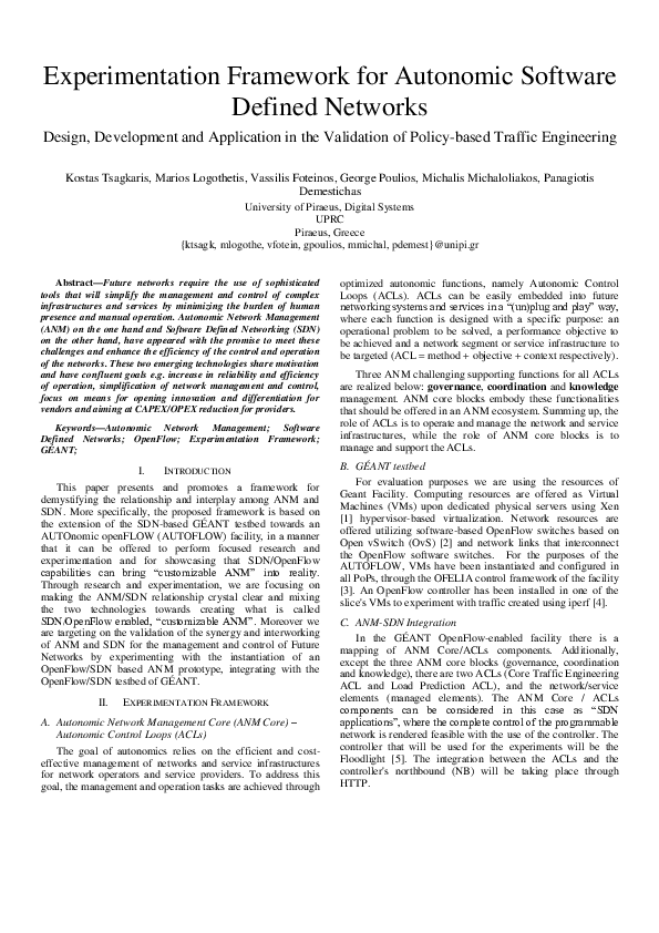 (PDF) Experimentation Framework for Autonomic Software Defined Networks Design , Development and ...