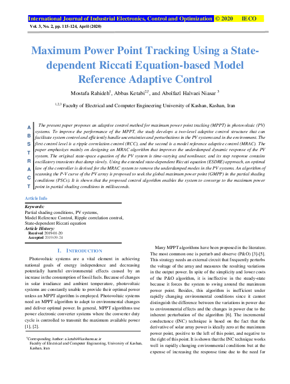 (PDF) Maximum Power Point Tracking Using a Statedependent Riccati ...