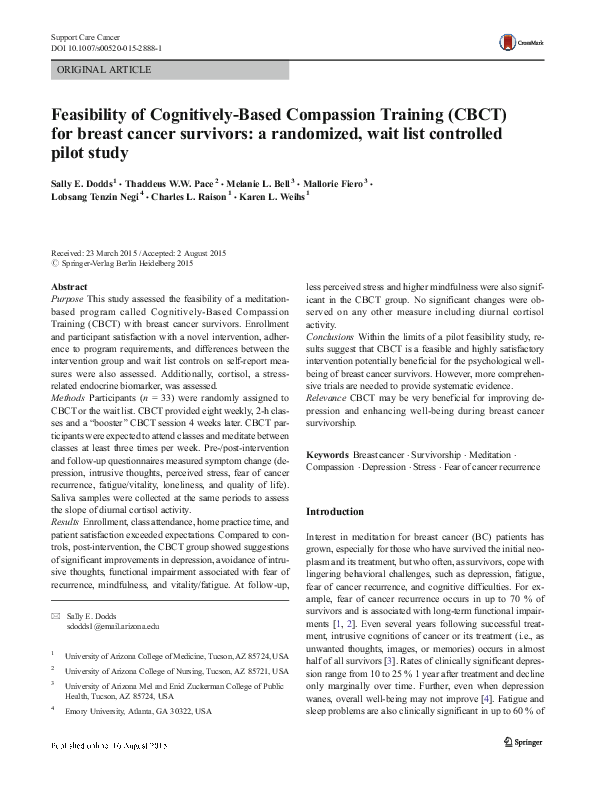 Pdf Feasibility Of Cognitively Based Compassion Training Cbct For Breast Cancer Survivors A
