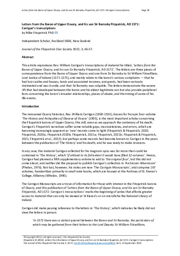 (PDF) Letters from the Baron of Upper Ossory, and his son Sir Barnaby ...