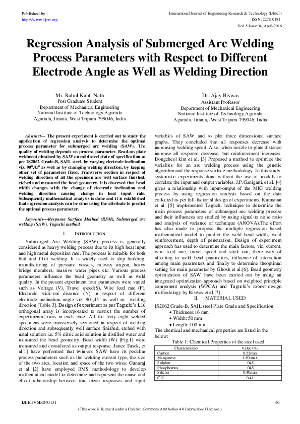 (PDF) Regression Analysis of Submerged Arc Welding Process Parameters with Respect to Different ...