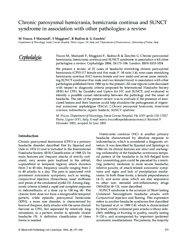 (PDF) Chronic Paroxysmal Hemicrania, Hemicrania Continua and Sunct ...