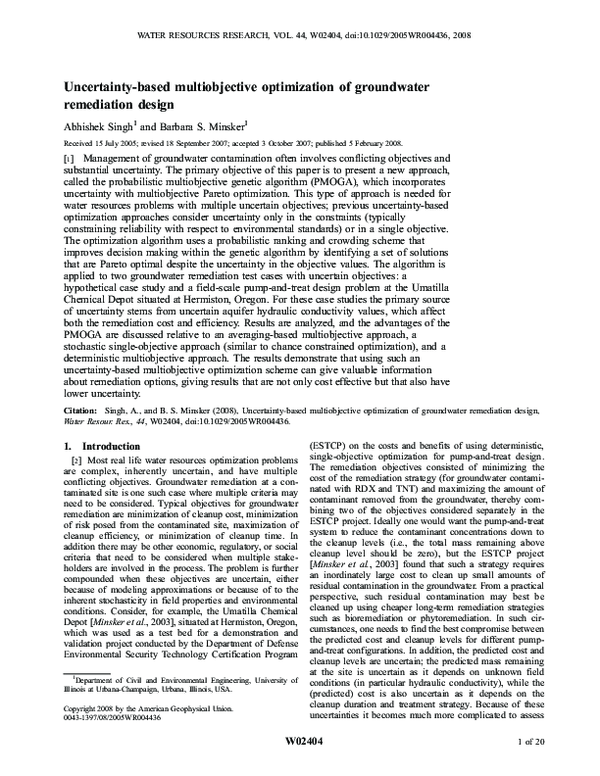 (PDF) Uncertainty-based multiobjective optimization of groundwater remediation design