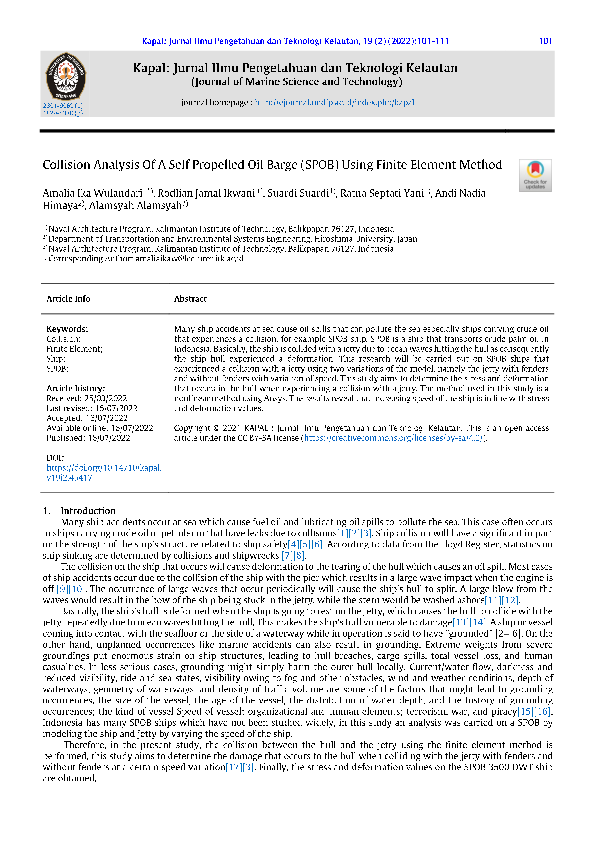 (PDF) Collision Analysis of a Self Propelled Oil Barge’s (SPOB) Using Finite Element Method