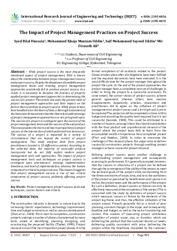 (PDF) The Impact of Project Management Practices on Project Success