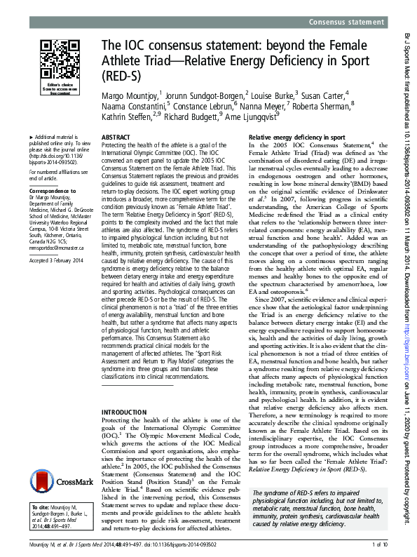 (PDF) The IOC consensus statement: beyond the Female Athlete Triad—Relative Energy Deficiency in ...