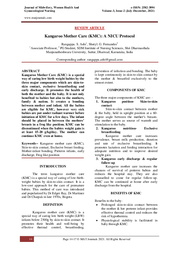 (PDF) Kangaroo Mother Care (KMC): A NICU Protocol