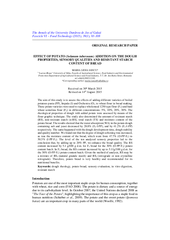 (PDF) Effect of potato (Solanum tuberosum) addition on the dough properties, sensory qualities ...