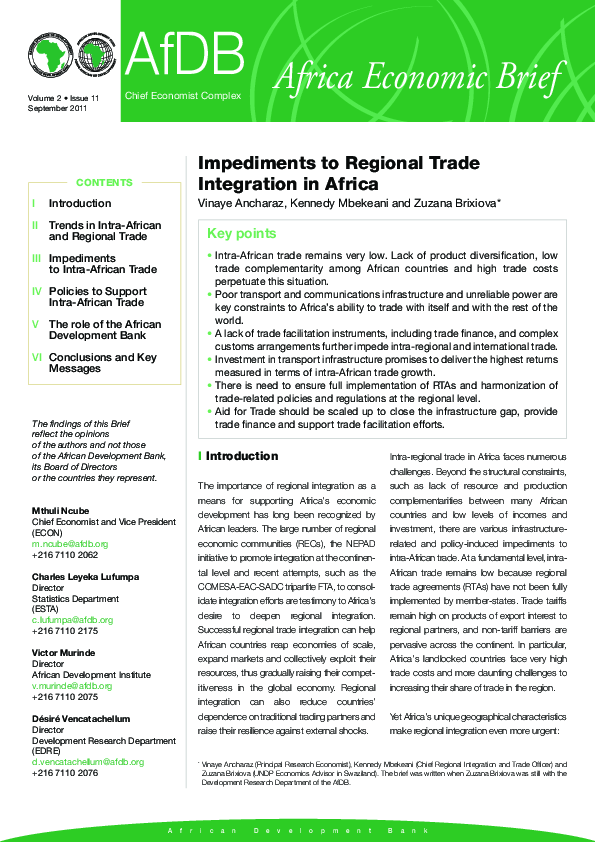 (PDF) Africa Economic Brief-Impediments to Regional Trade Integration in Africa