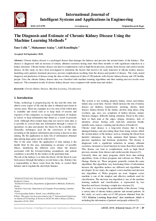 (PDF) The Diagnosis and Estimate of Chronic Kidney Disease Using the Machine Learning Methods